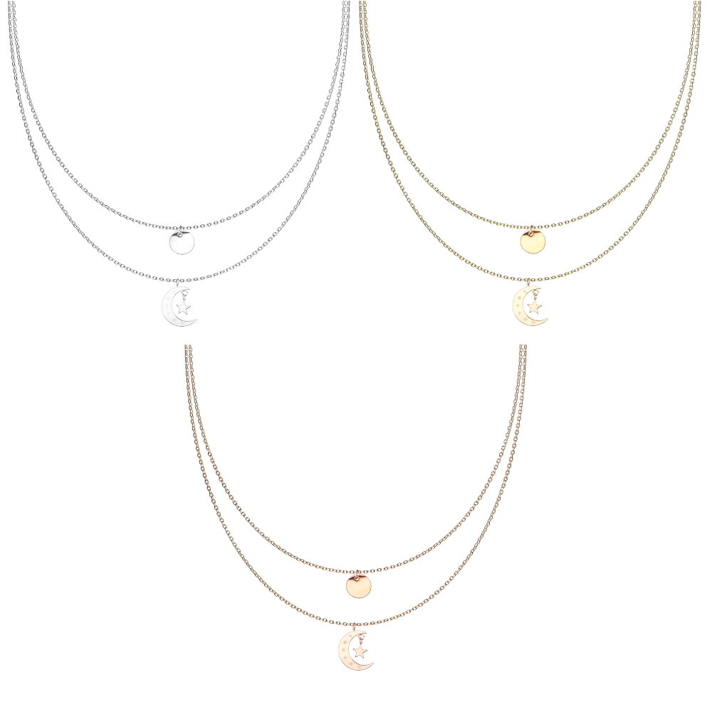 Mehrreihige Halskette mit Mond-Anhänger und Platte | 3 Farben, 19,95 Mehrreihige Halskette mit Mond-Anhänger und Platte | 3 Farben, 19,95