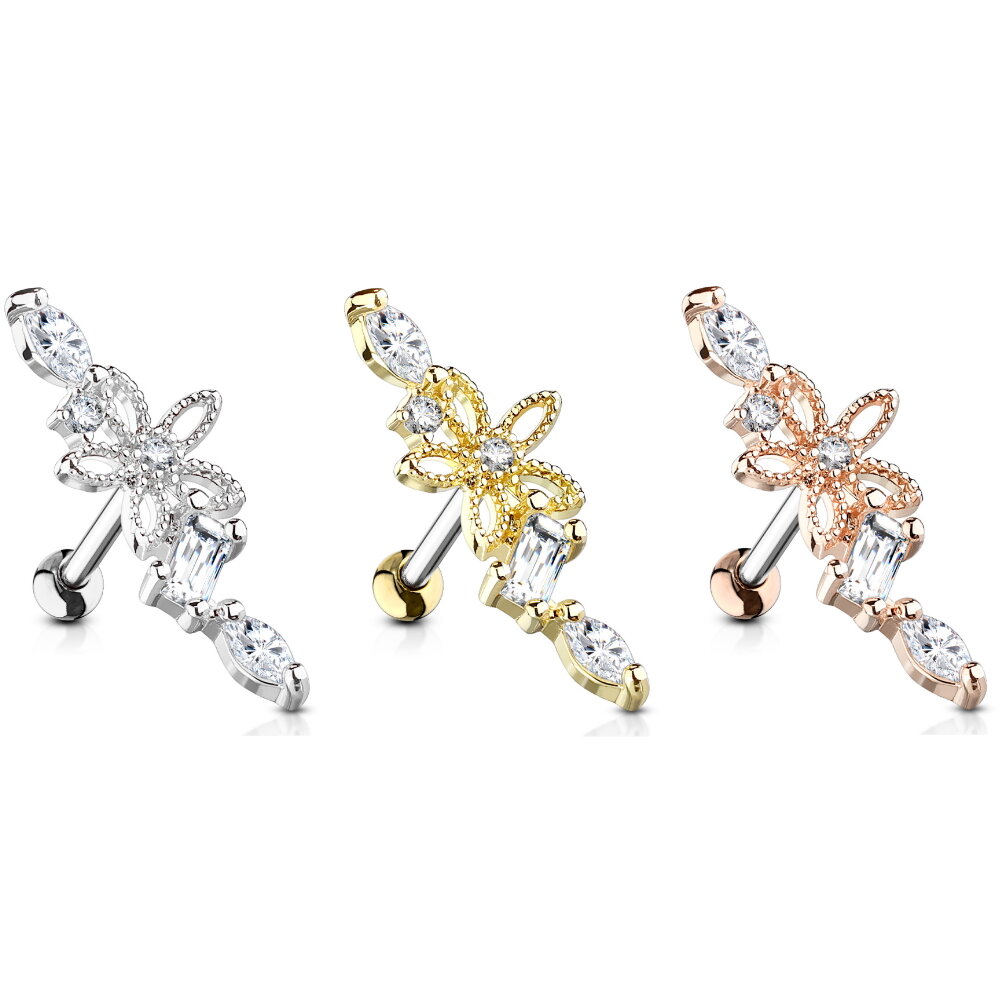 Piercing Stab mit Blume und Kristallen | 3 Farben